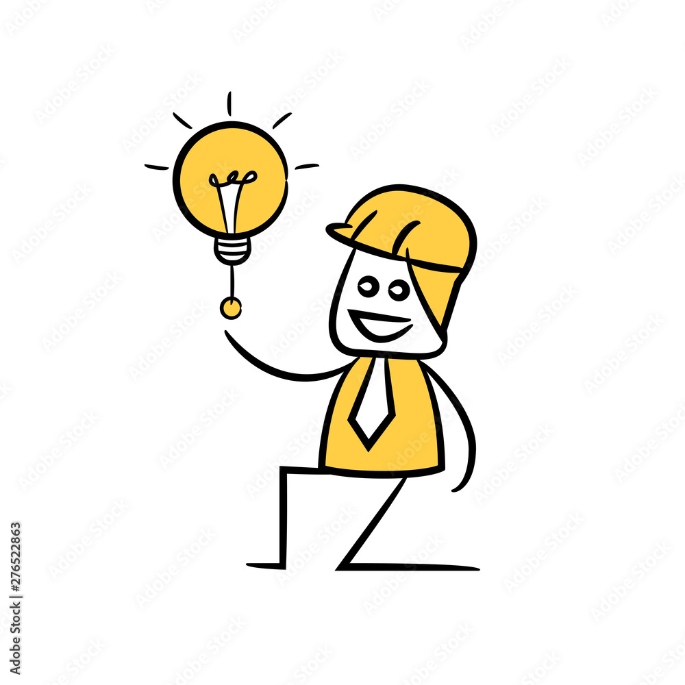 engineer turn on light bulb icon stick figure yellow theme Stock Vector ...