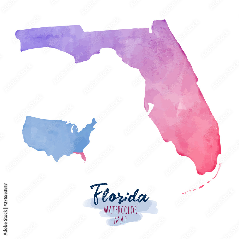Hand drawn watercolor map of Florida. Colorful illustration isolated on ...