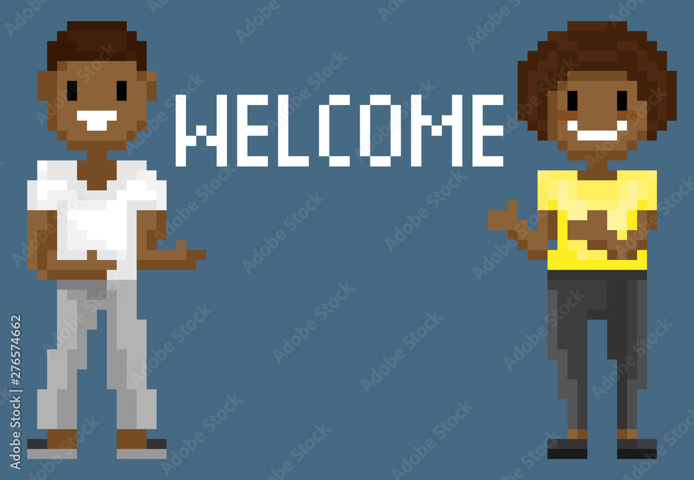 Welcome to pixel game, man and woman shooting, people characters with ...