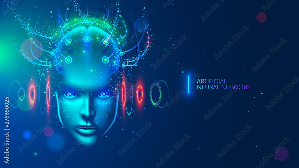 Artificial intelligence concept illustration. Head, face with cybernetic digital brain, neural ...