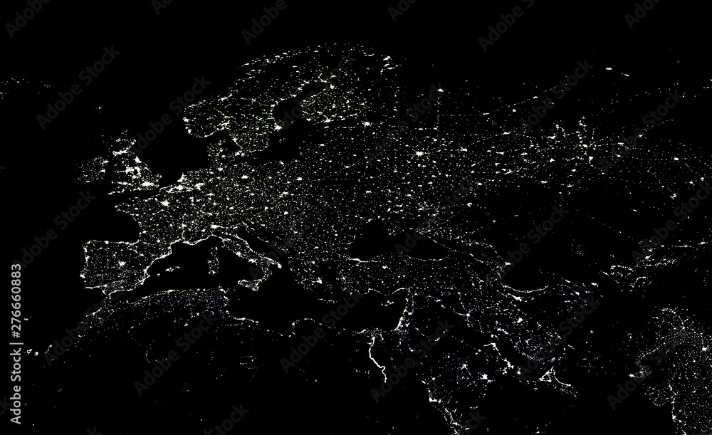 European city lights map at night. View from outer space. Mixed med ...