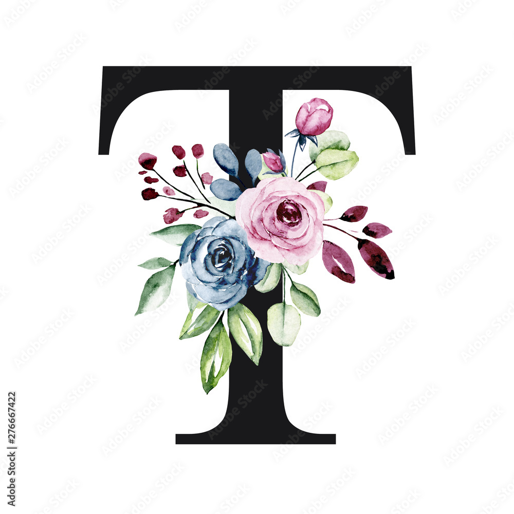 Floral alphabet, letter T with watercolor flowers and leaves. Monogram ...