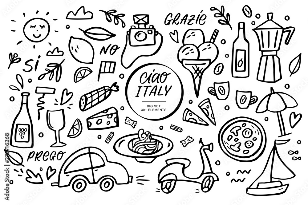 Ciao Italy big doodle set. Vector illustration and handlettering with ...