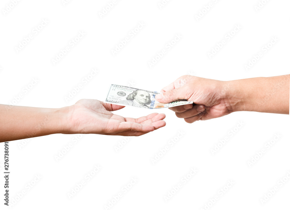 One hand hold and paying dollar banknote to another hand on white ...