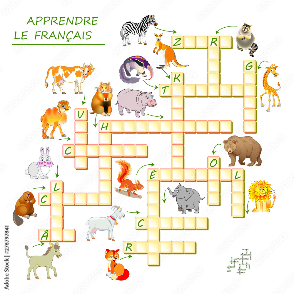 Learn French. Crossword puzzle game with animals. Educational page for ...