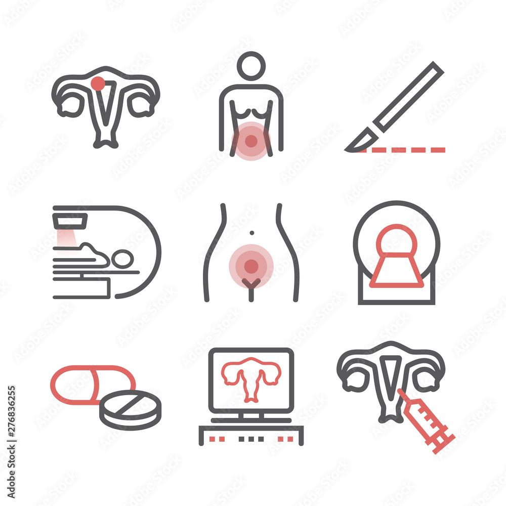 Cervical Cancer. Symptoms, Causes, Treatment. Line icons set. Vector ...