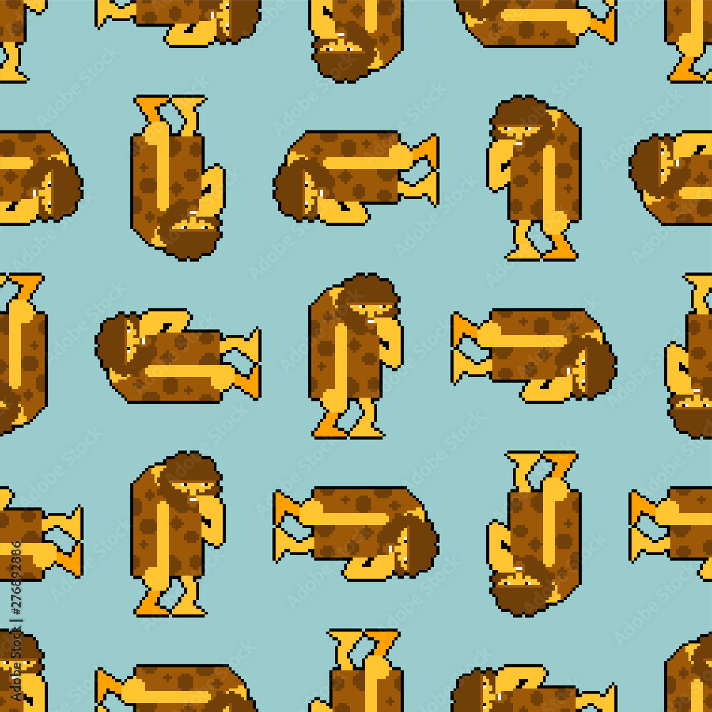 Caveman pixel art pattern seamless. Prehistoric man 8 bit background ...