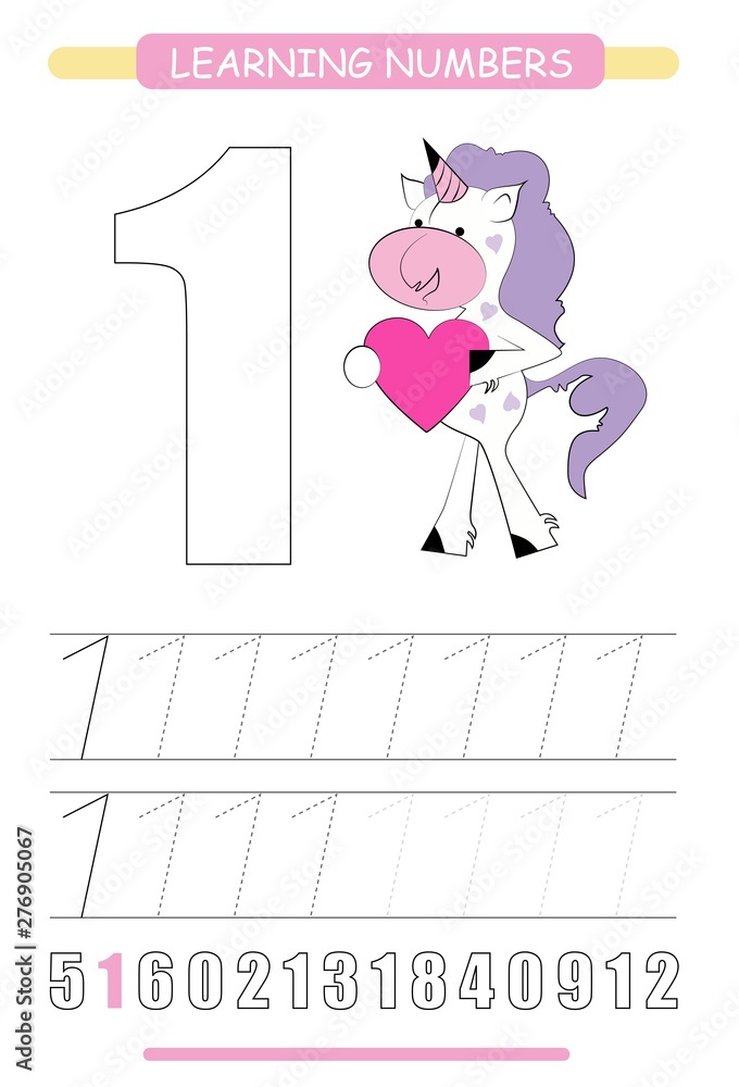 Funny children flashcard number one. Unicorn with hearts learning to ...