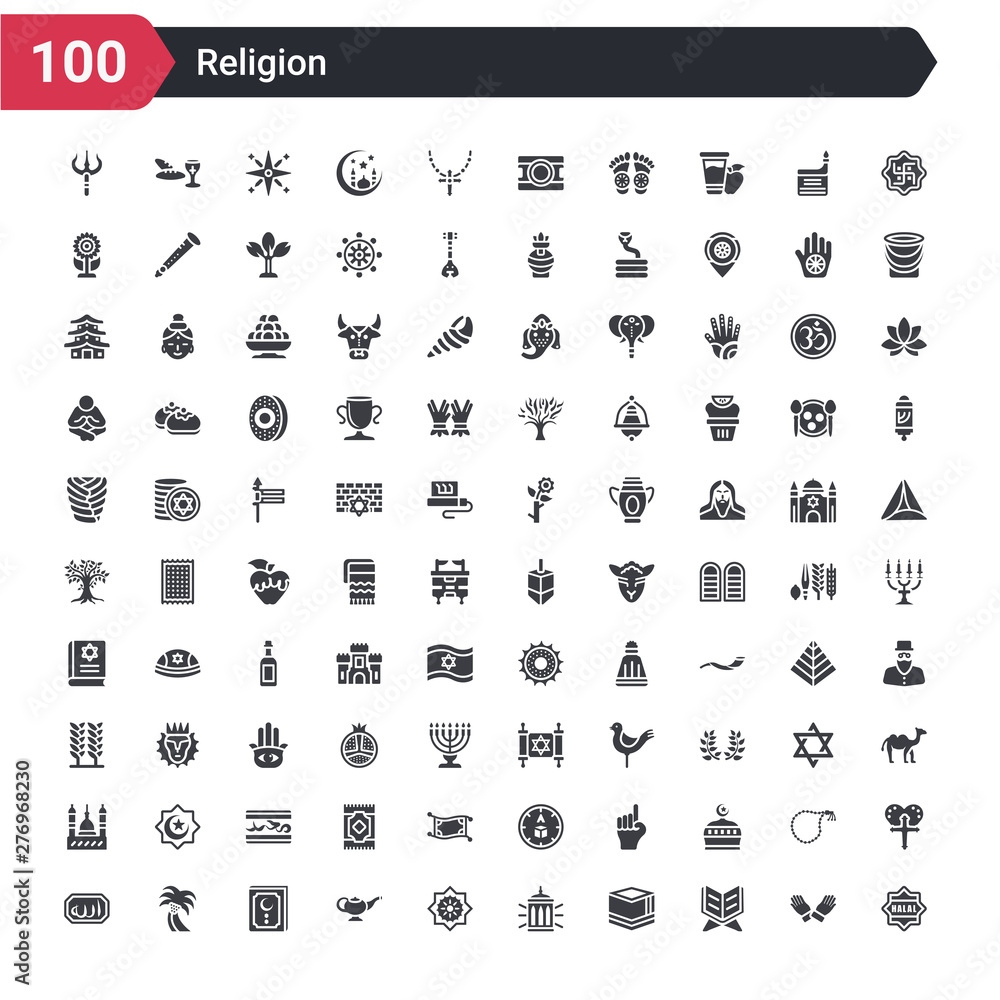 100 religion icons set such as halal, reading quran, kaaba mecca ...