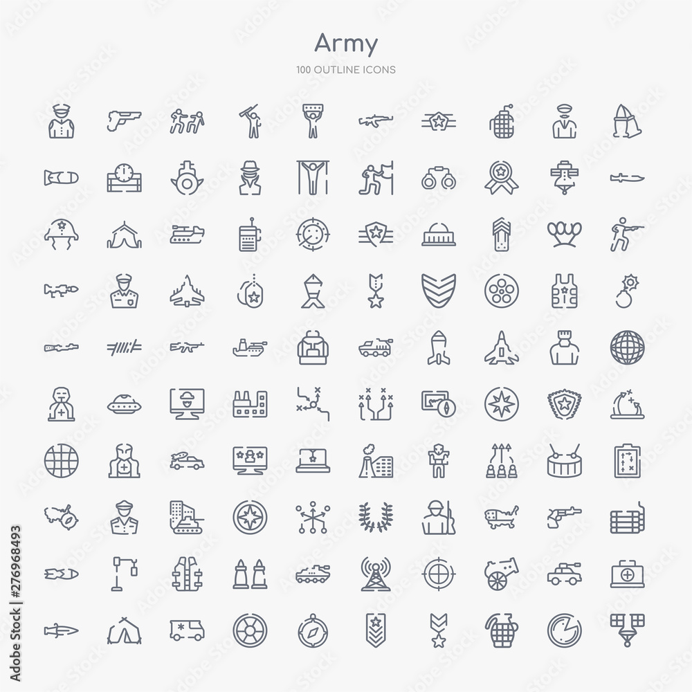 100 army outline icons set such as satellite, grenade, military, rank ...
