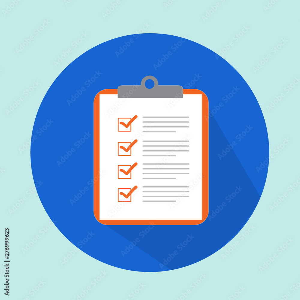 Clipboard with orange ticks checkmarks and pen. Checklist, complete ...