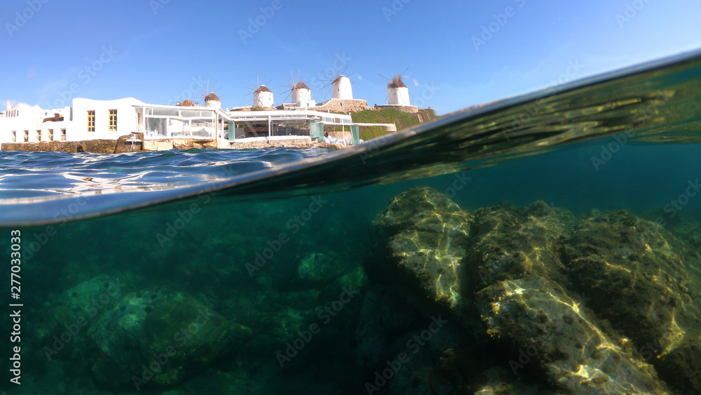 Sea level and underwater photo of iconic famous landmark windmills in ...
