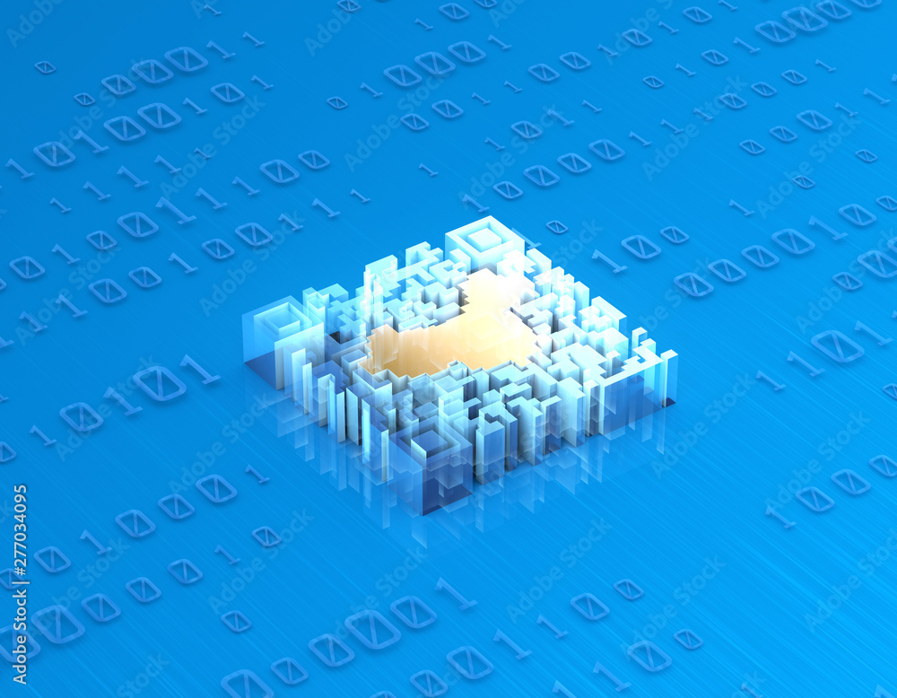 Binary code, network data transmission, information transmission, currency symbol and QR code ...