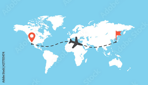 Worldmap with airplane trace vector illustration. Aircraft track path ...