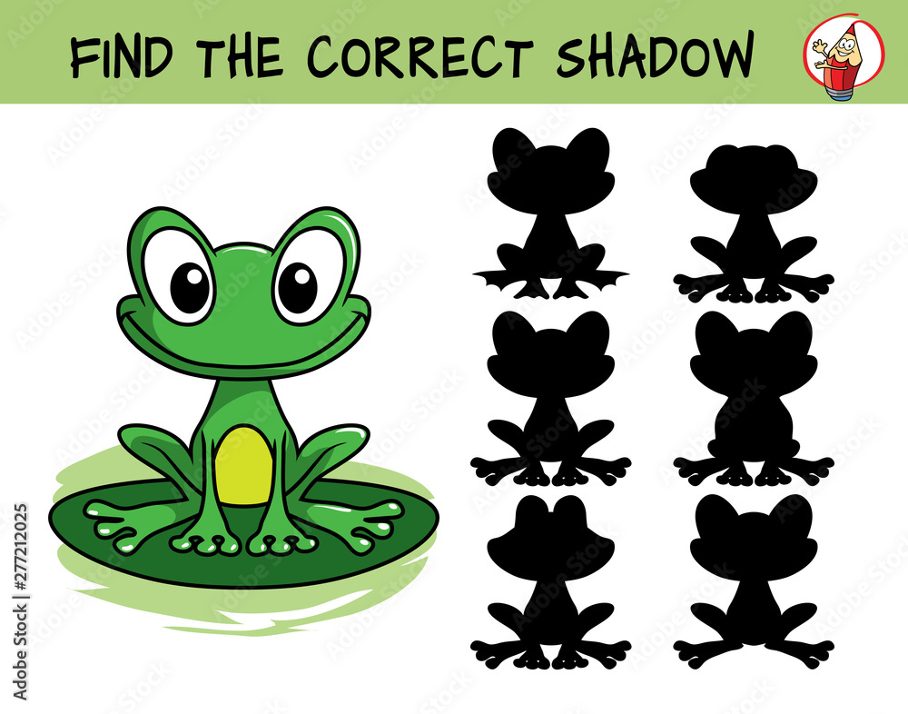 Funny green frog sitting on the leaf. Find the correct shadow ...