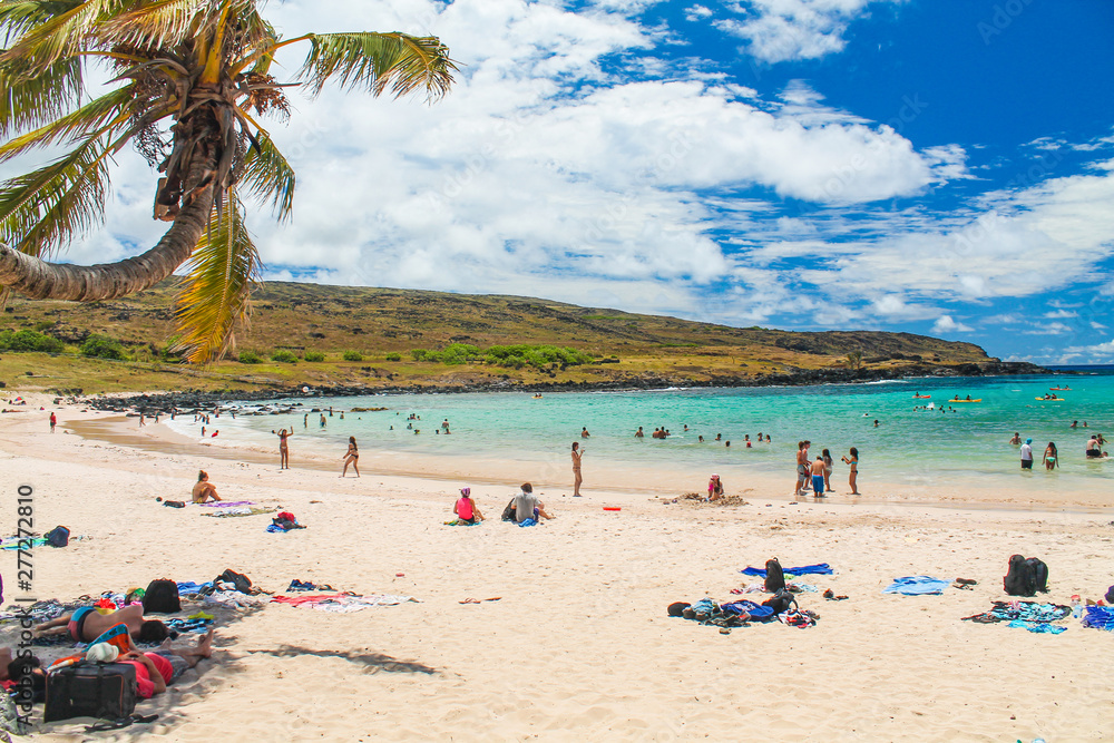 Anakena Beach on Easter Island, featuring tranquil waters, iconic moai ...