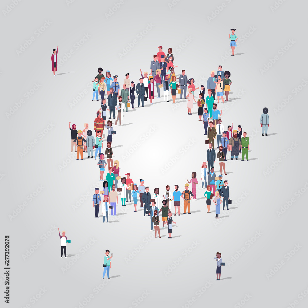 people crowd gathering in gear wheel icon shape social media community ...