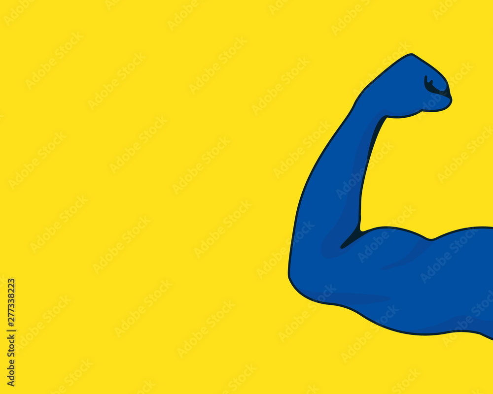 Strong blue arm with biceps muscle on bright yellow background ...