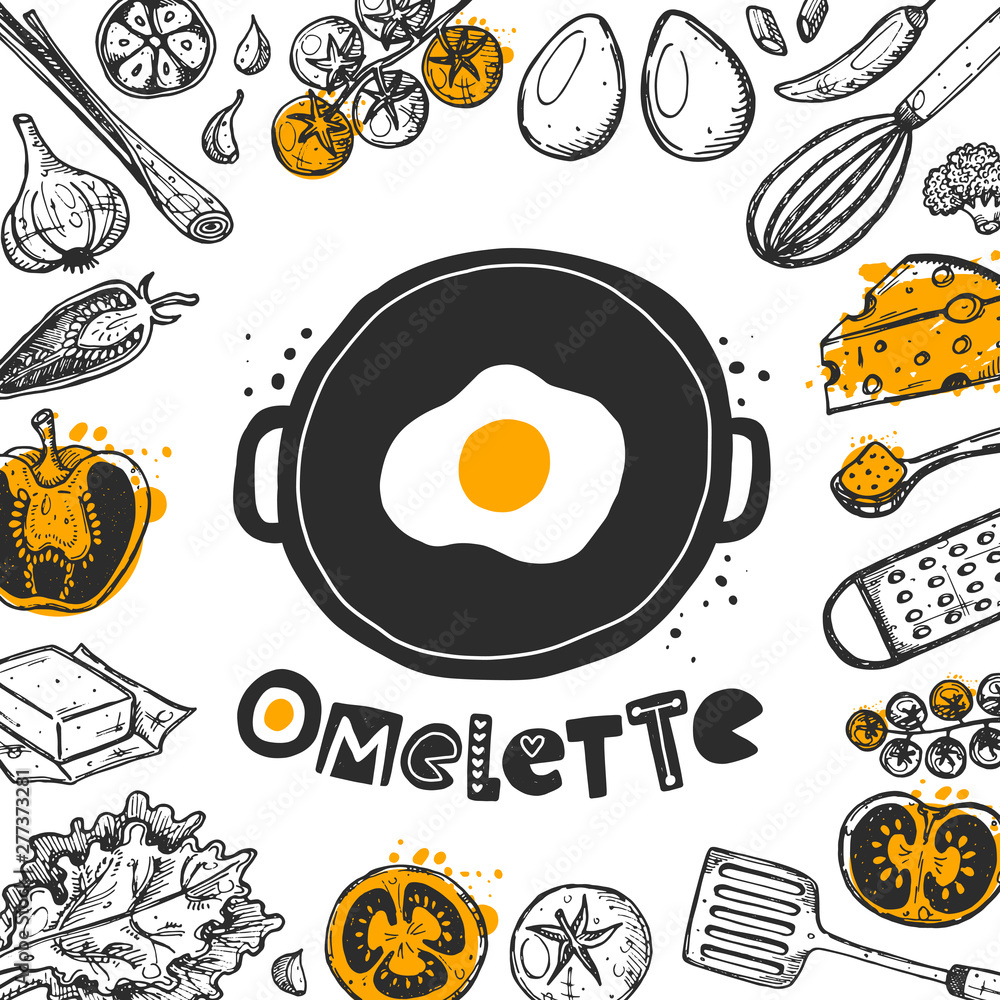 Omelette. Scrambled eggs. Logo, icon and label. Hand-lettering phrase ...