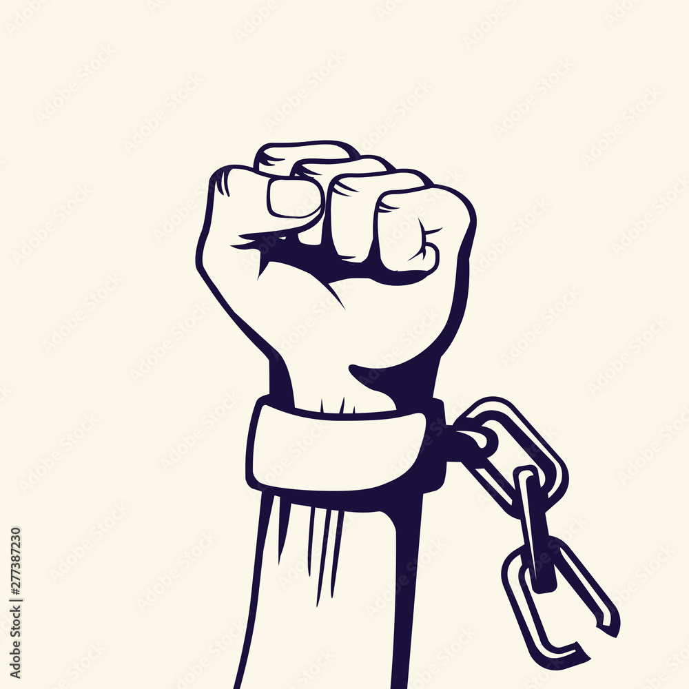 Vintage style vector Fight for Freedom poster. Raised fist with broken ...