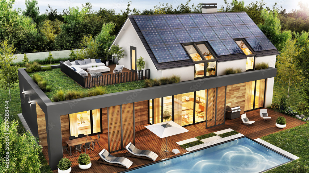Beautiful house with roof terrace and solar panels. Exterior and ...