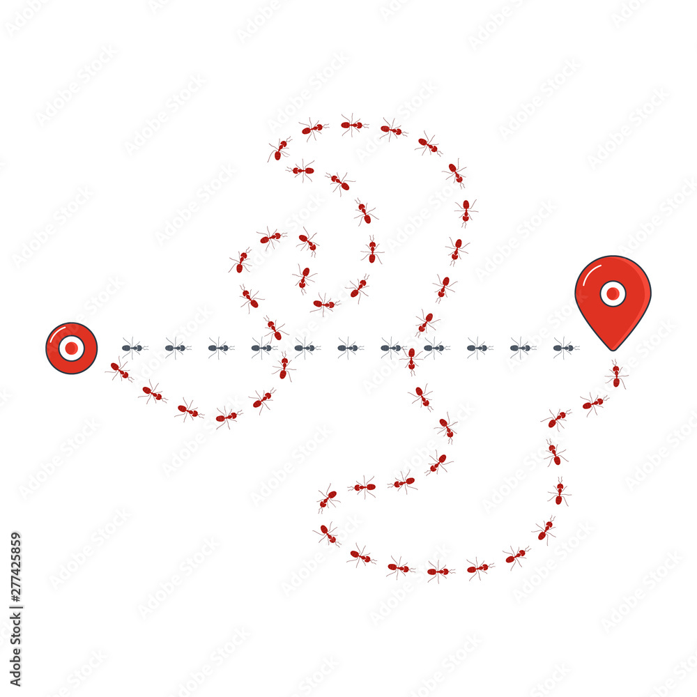 Tracking ants colony location. Straight and complicated road paths of ...