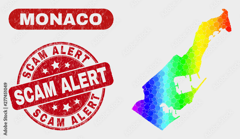Spectral dotted Monaco map and seal stamps. Red rounded Scam Alert ...