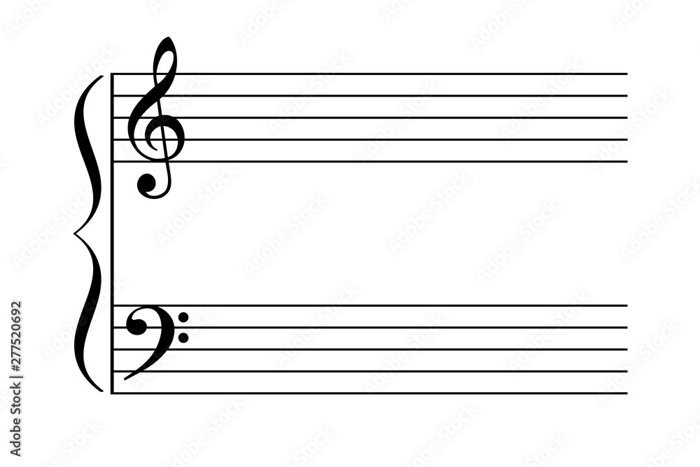 Grand staff, also great stave. Two staves are joined by brace to be ...