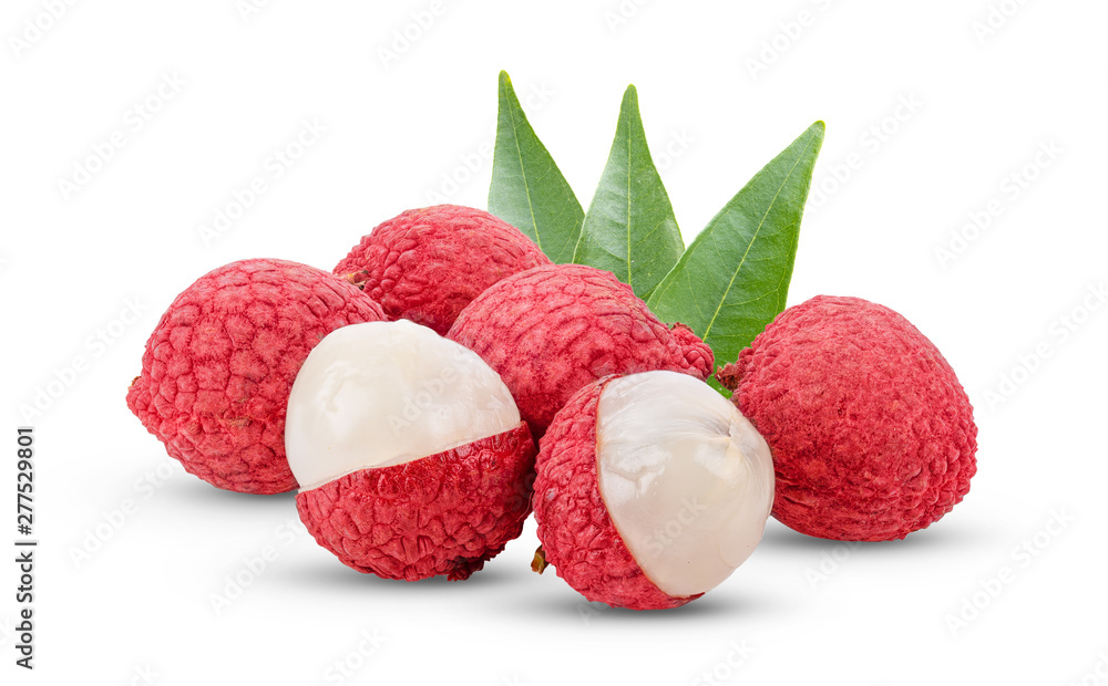 Lychee with leaves isolated on white background. full depth of field ...