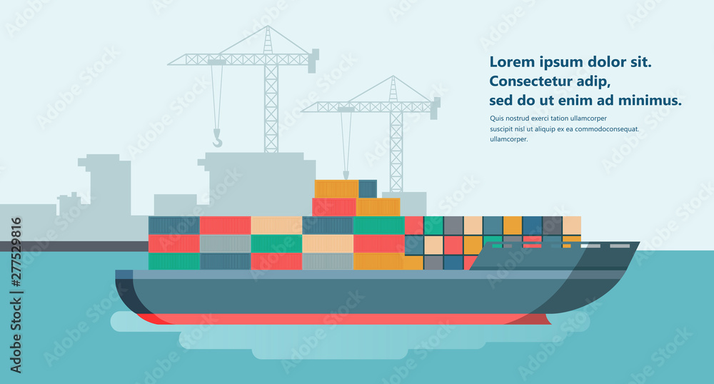 Container ship at freight port terminal Unloading. Merchant Marine ...