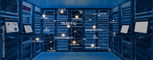 Data center room with server and networking device on rack cabinet, kvm ...