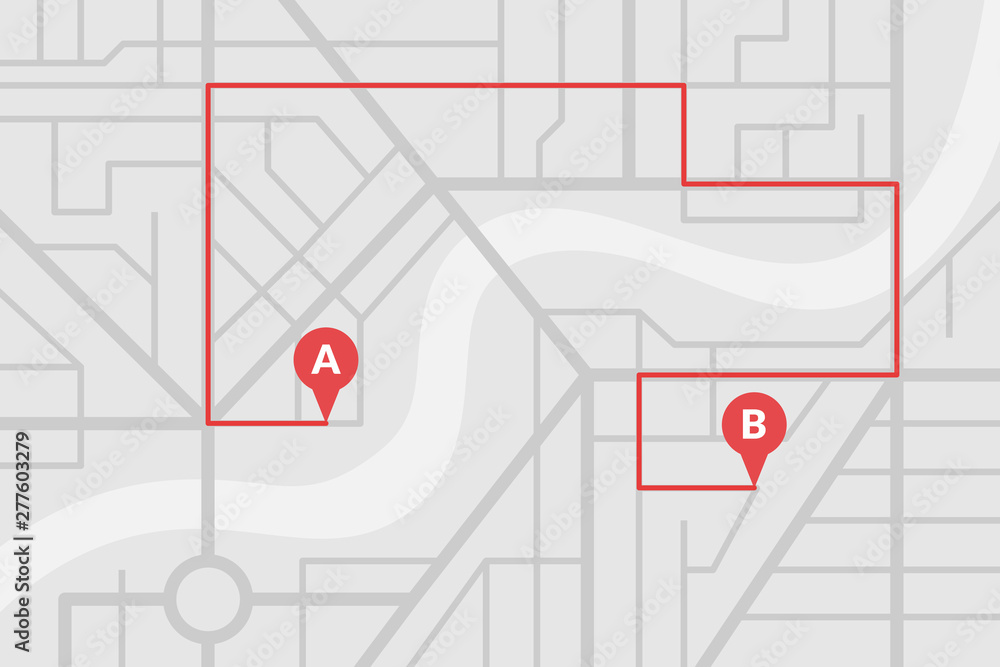 City street map plan with GPS pins and navigation route from A to B ...