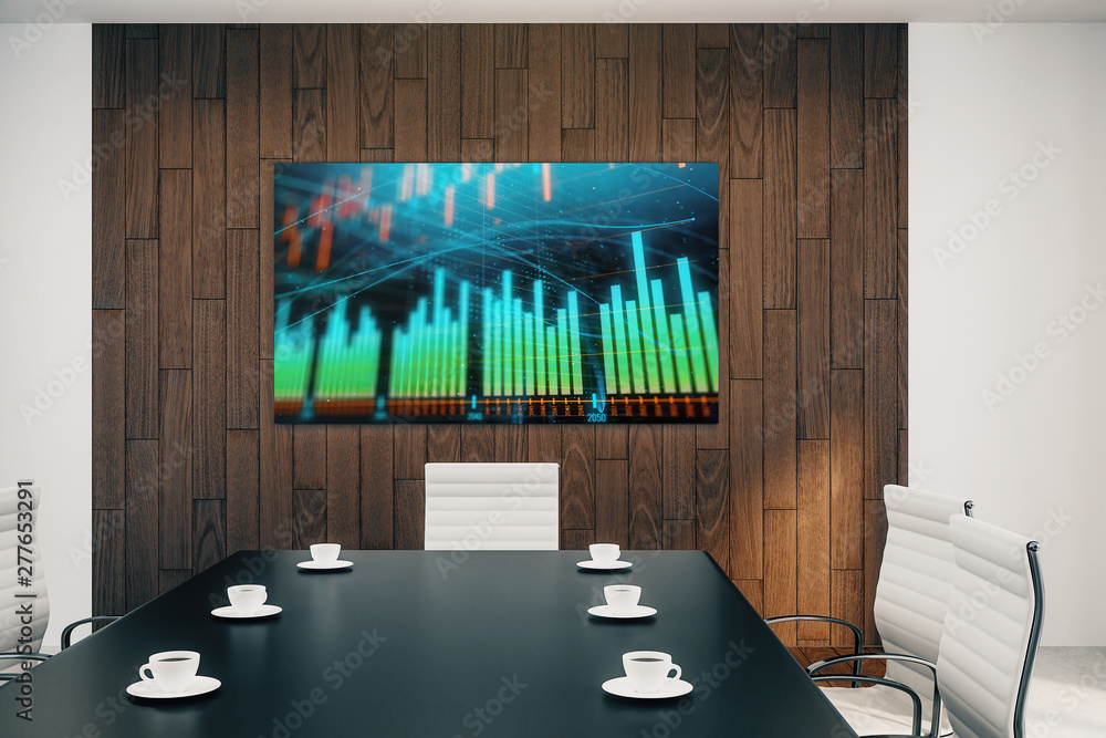 Conference room interior with financial chart on screen monitor on the ...