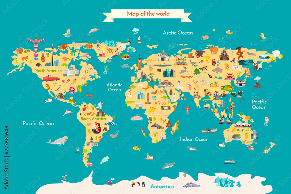 World map vector illustration with landmarks. Travel map with landmarks ...