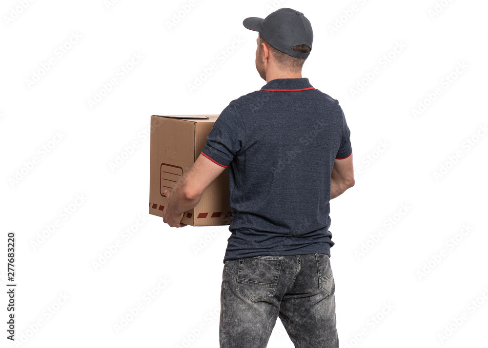Portrait of Delivery man in cap holding big cardboard box. Handsome man ...