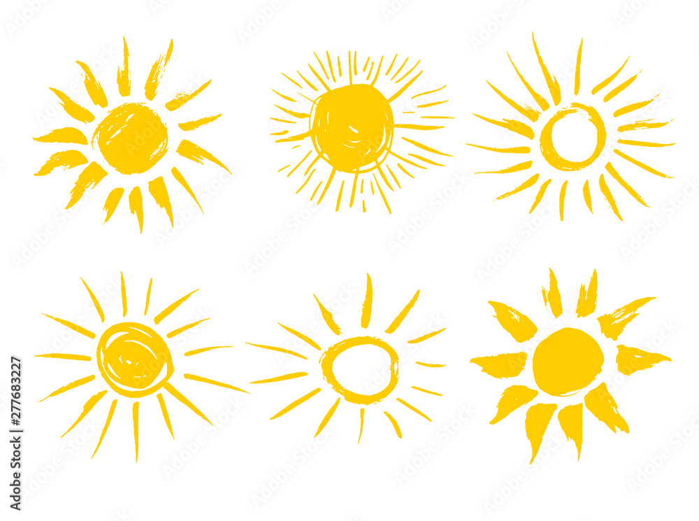 Set of painted yellow suns. Solar symbols design element. Vector ...