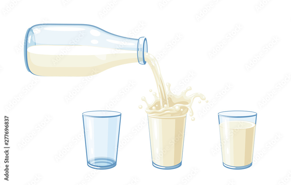 The milk flows out of the bottle and fills three glasses with a splash ...