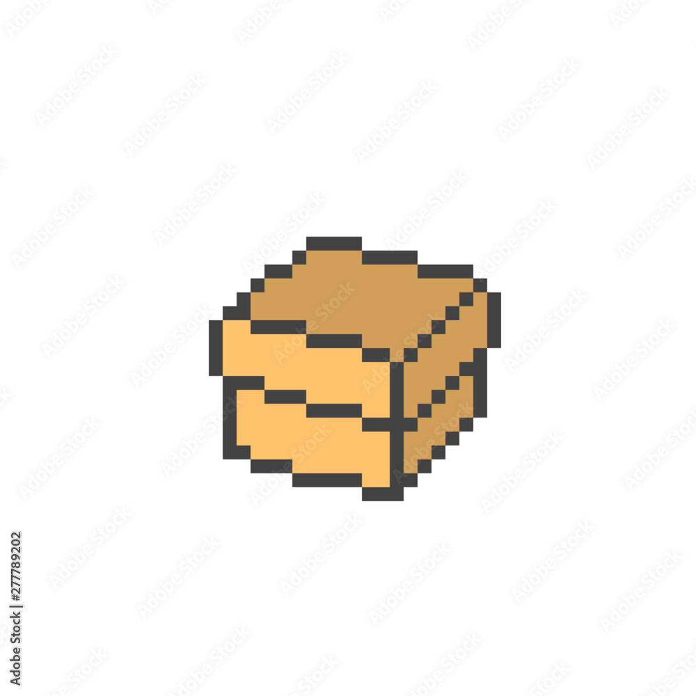 Closed cardboard box, 8 bit pixel art icon isolated on white background. Old school vintage 2d ...