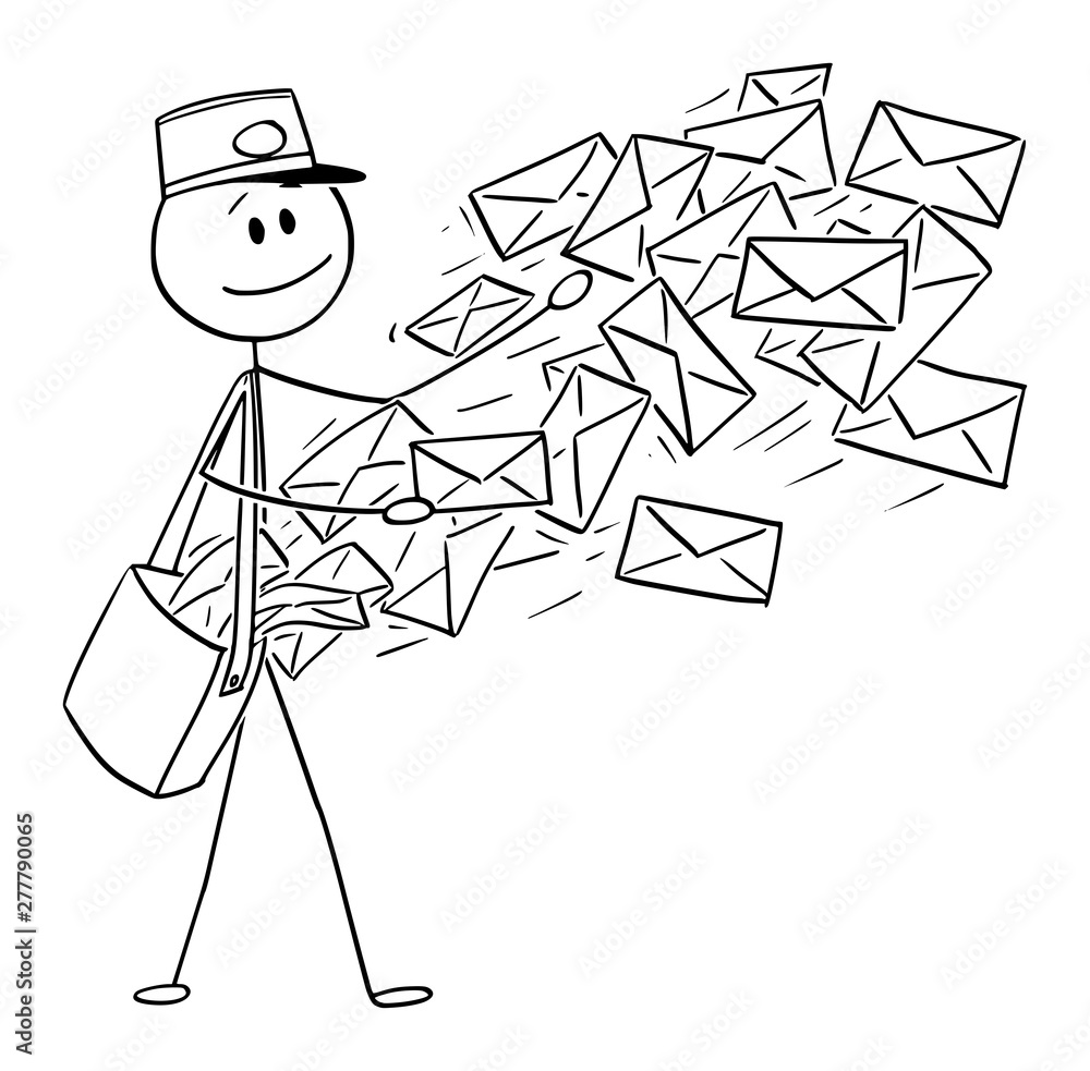 Vector cartoon stick figure drawing conceptual illustration of postman ...