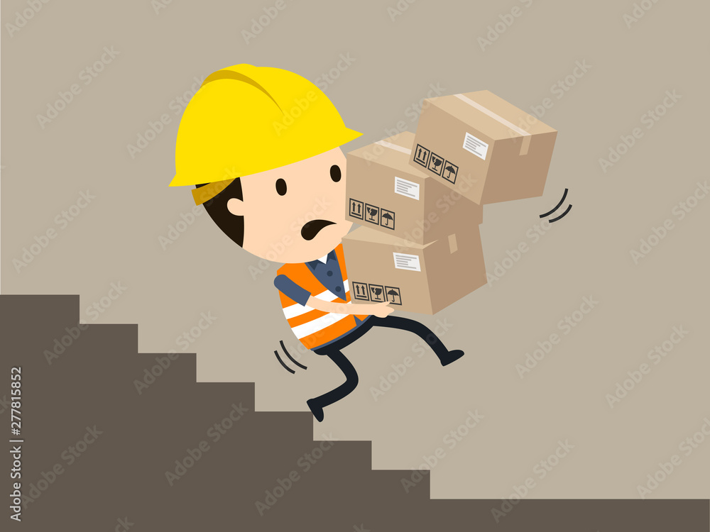 falling on the stairs with a heavy load, Vector illustration, Safety ...