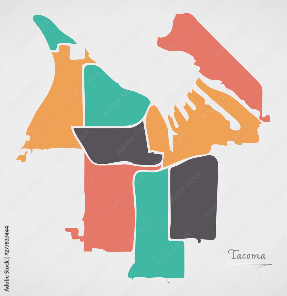 Tacoma Washington Map with neighborhoods and modern round shapes の ...