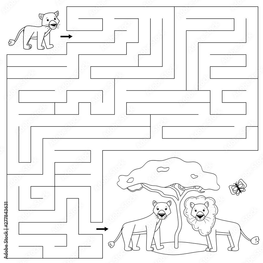 Coloring page for children. Educational maze game. Help the lion cub ...