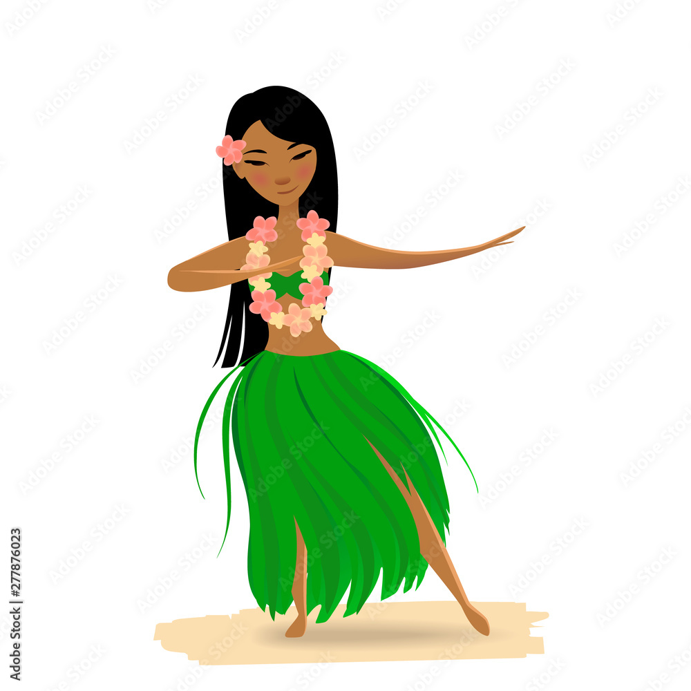 Hawaiian girl dancing hula with ukulele in hands isolated on white ...