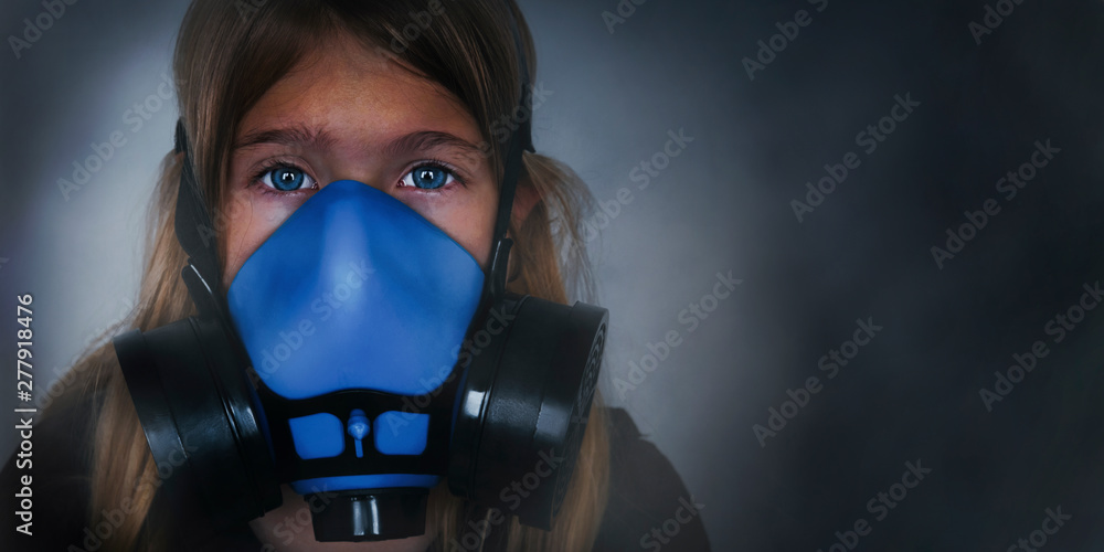 Young girl wearing gasmask, respirator portrait. Effects of worldwide ...
