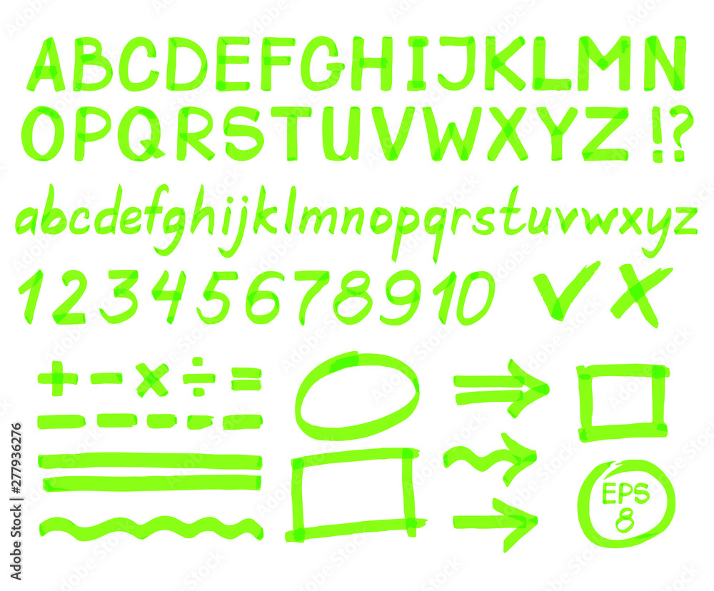 Large set. Alphabet, numbers, signs, handwritten green marker. Vector ...