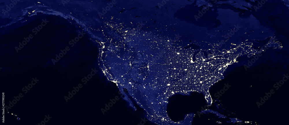 North American continent electric lights map at night. USA and Canada ...