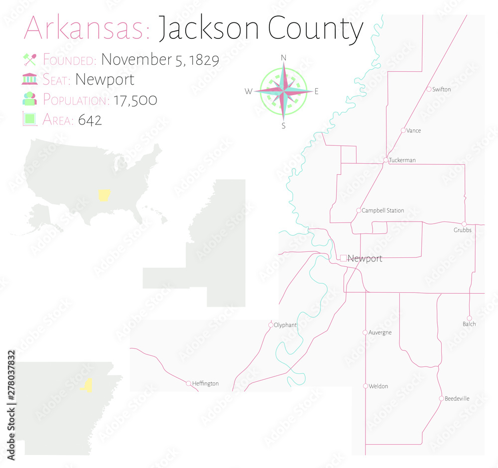 Large and detailed map of Jackson county in Arkansas, USA Stock Vector ...