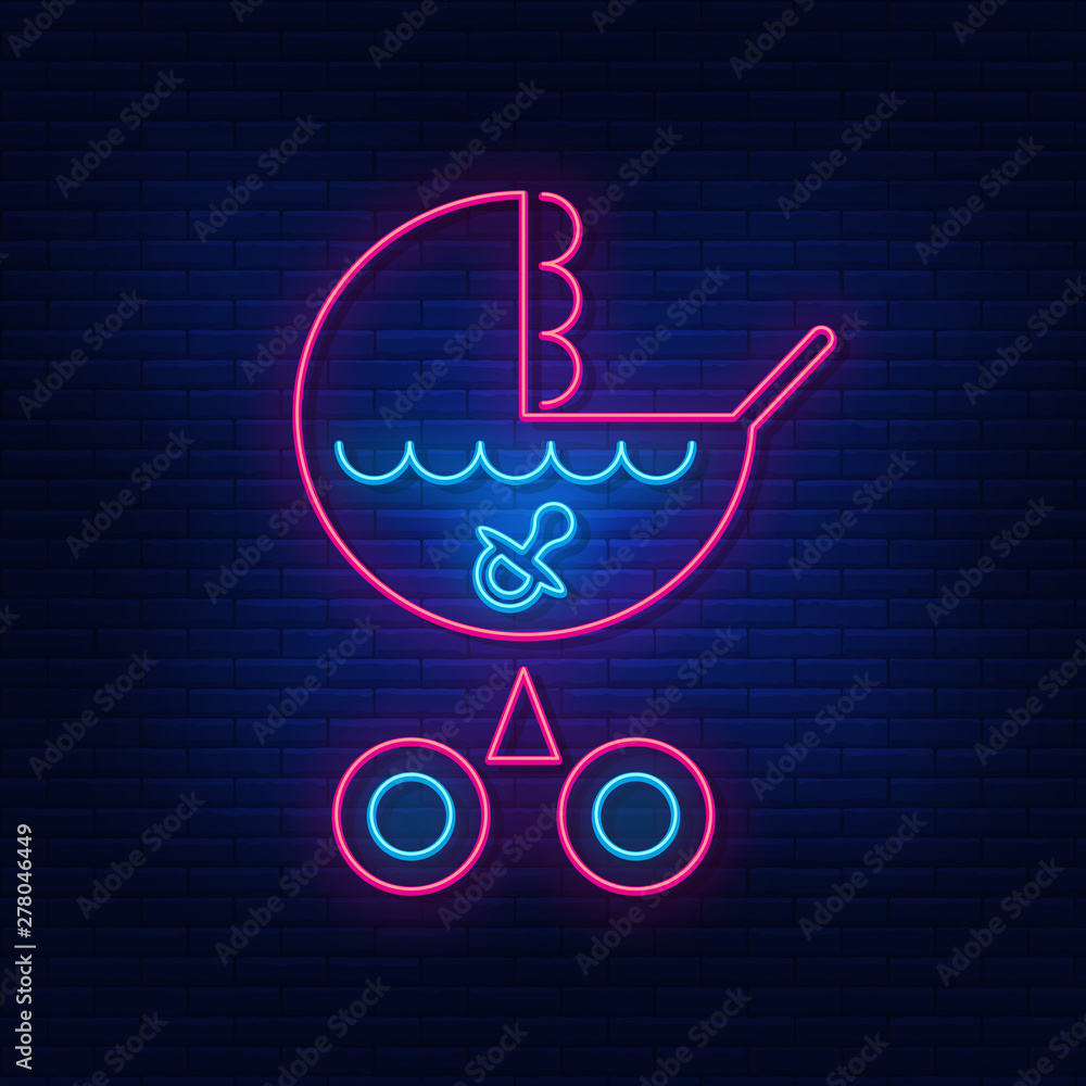 Neon lighting of a baby stroller. The bright advertisement of the pram ...