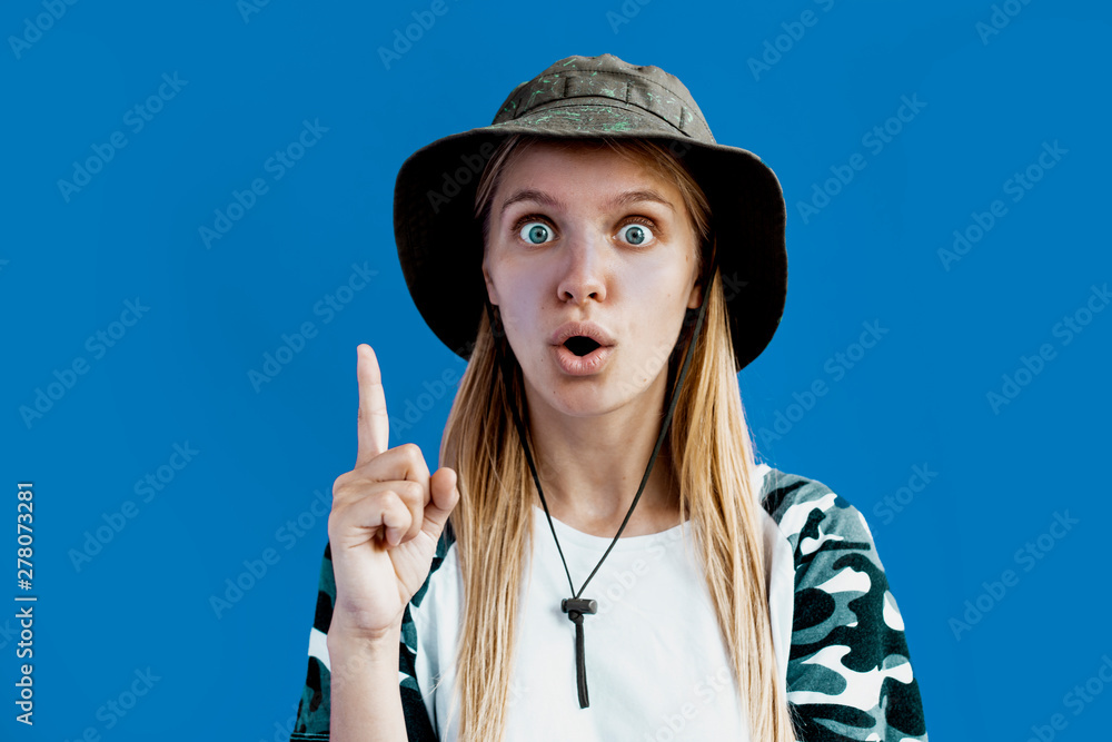 Ooh! Wow! Look at this! Pretty funny blonde woman showing one finger up ...