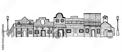 America Wild West town landscape. Hand drawn outline sketch doodle ...